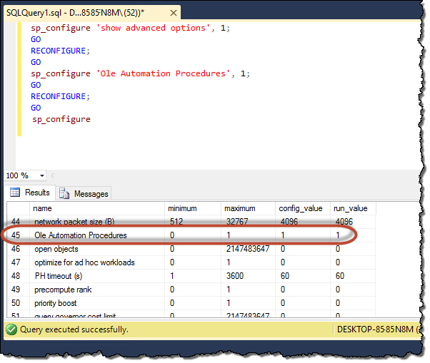 Enable OLE Procedures In SQL Server Opto 22 Developer